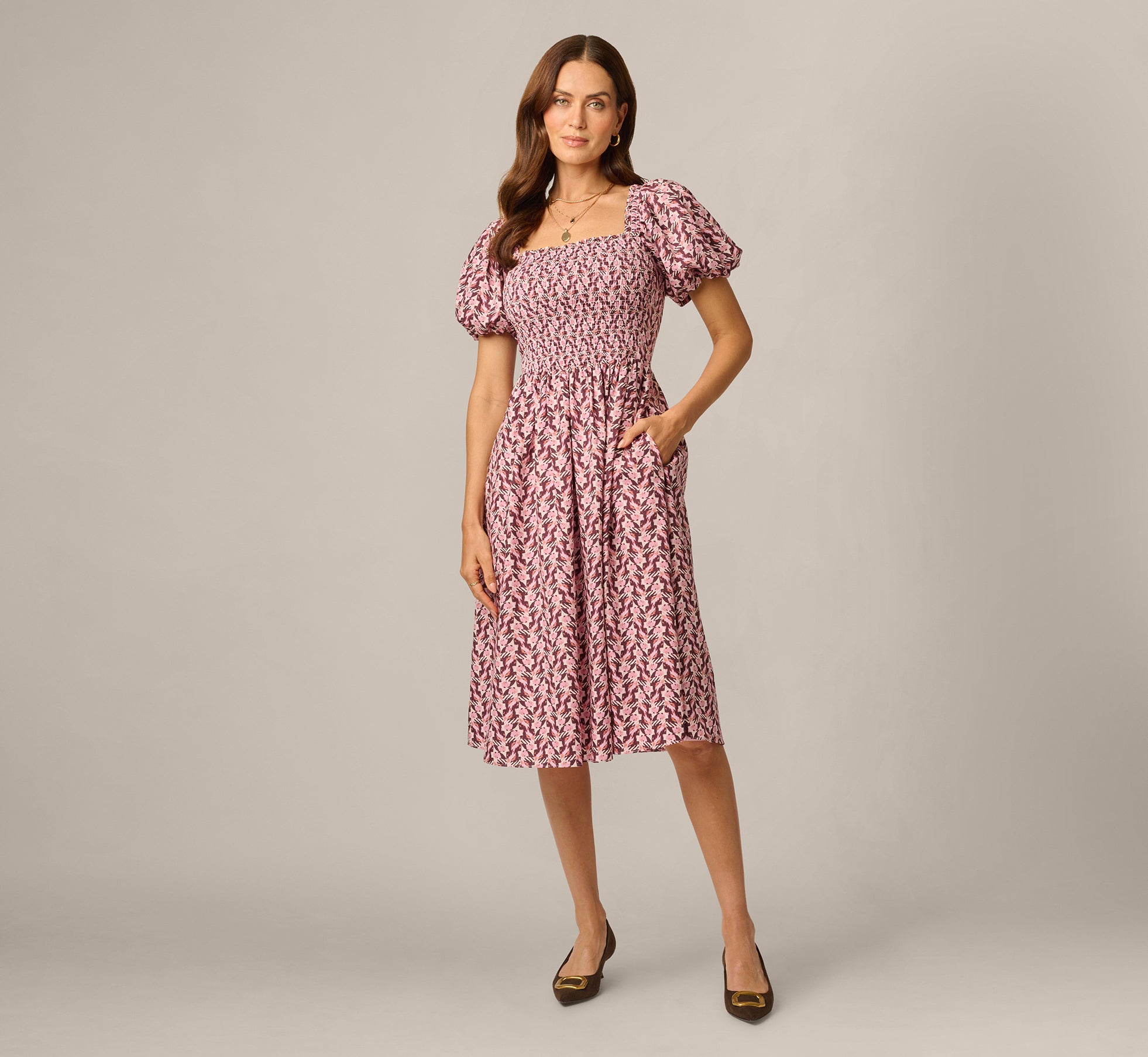 ADRIANNA PAPELL Adrianna Papell Puff Sleeve Printed Midi Dress